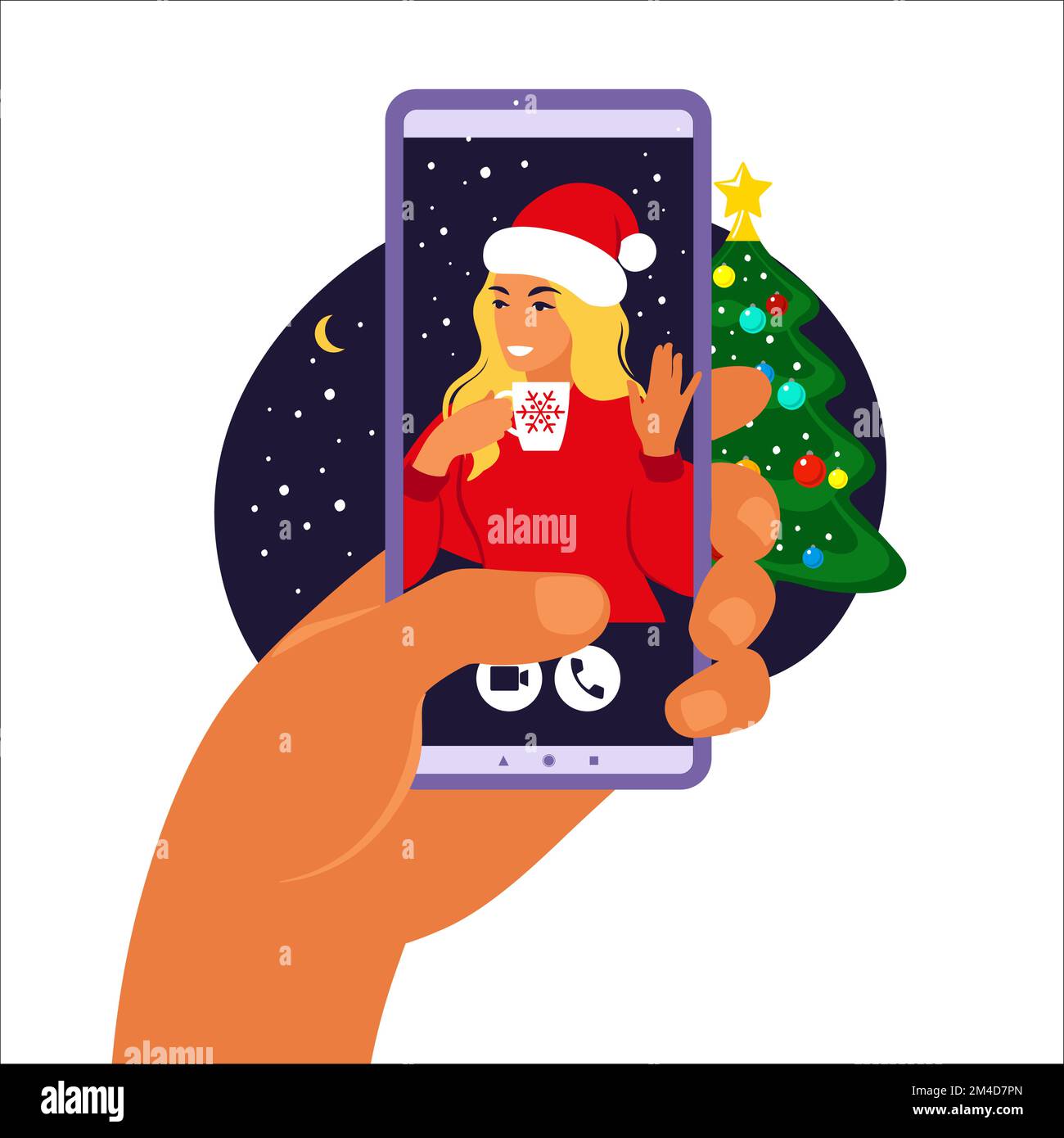 Christmas and New Year online celebration using mobile phone. Party ...