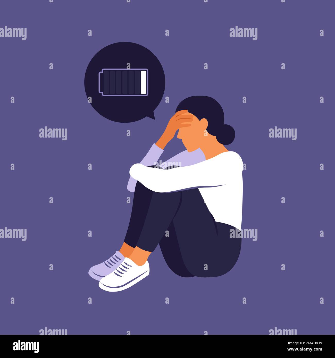 Tired woman sitting with a discharged battery in the thoughts. Concept ...