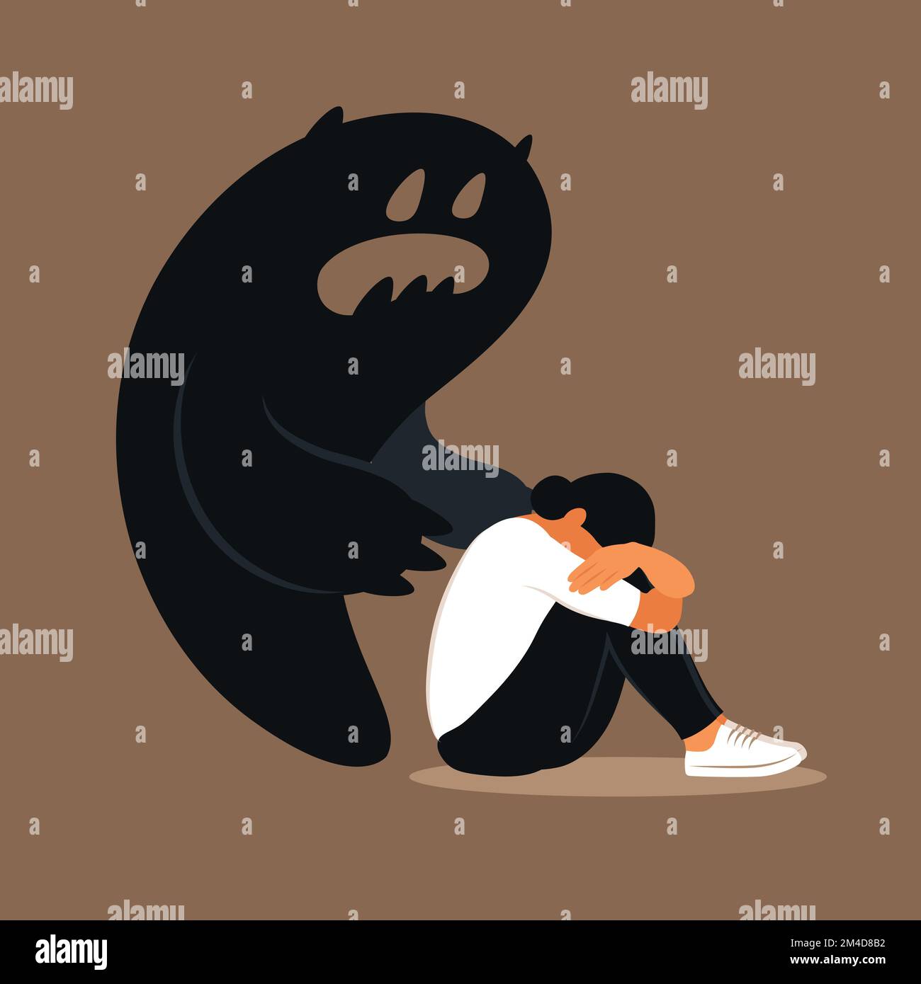 Fear or panic attack. Sad woman with lowered head frightened with his ...