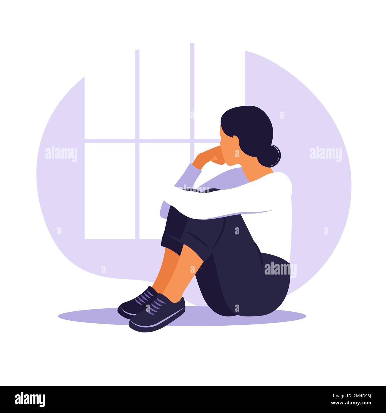 Woman in depression with bewildered thoughts in her mind. Young sad ...