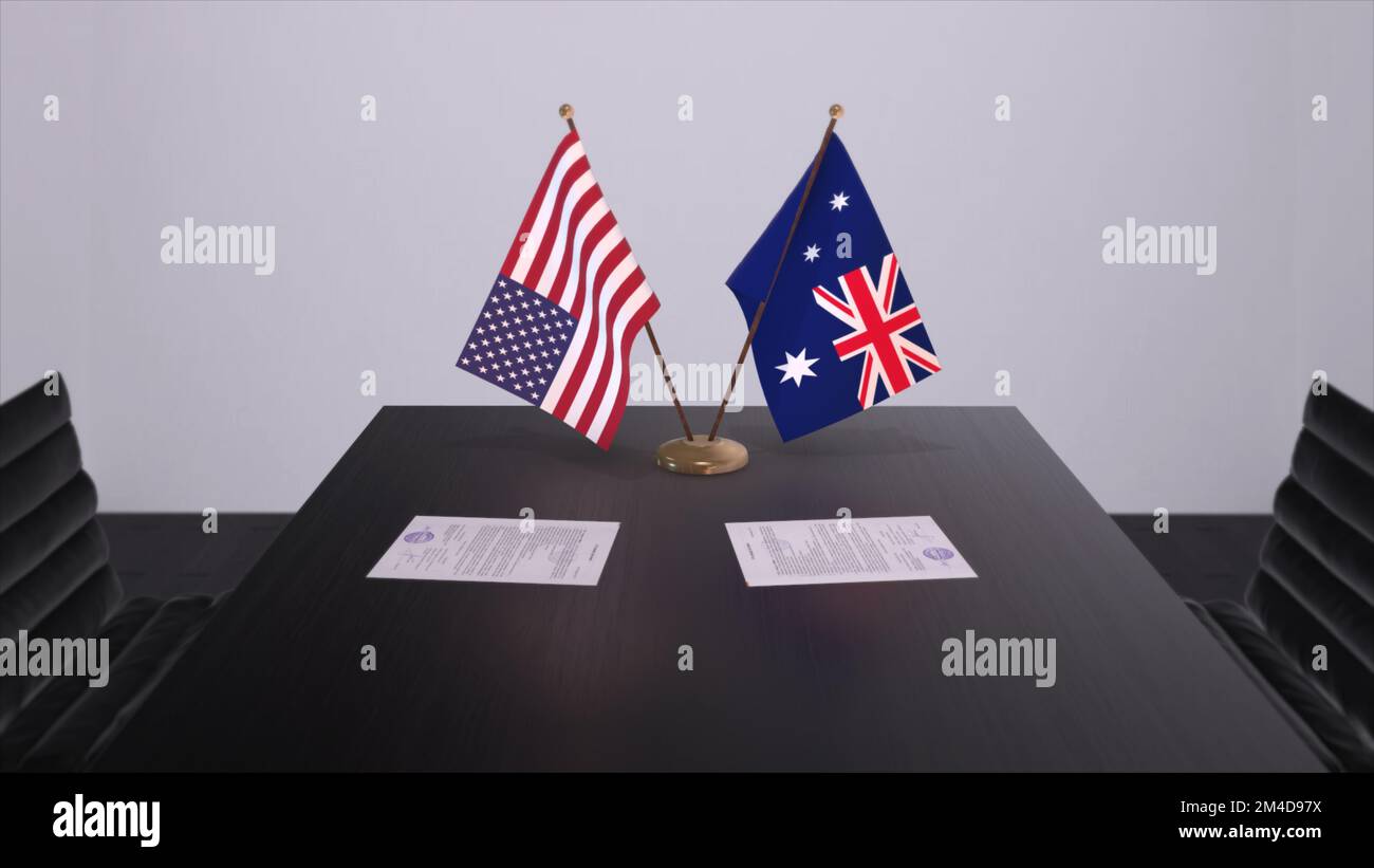 Australia and USA at negotiating table. Business and politics 3D ...
