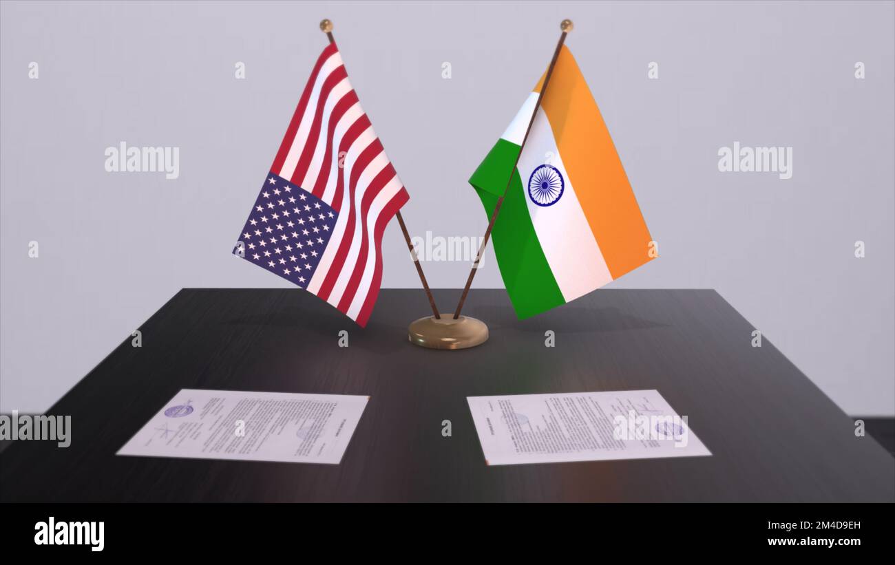 India and USA at negotiating table. Business and politics 3D ...