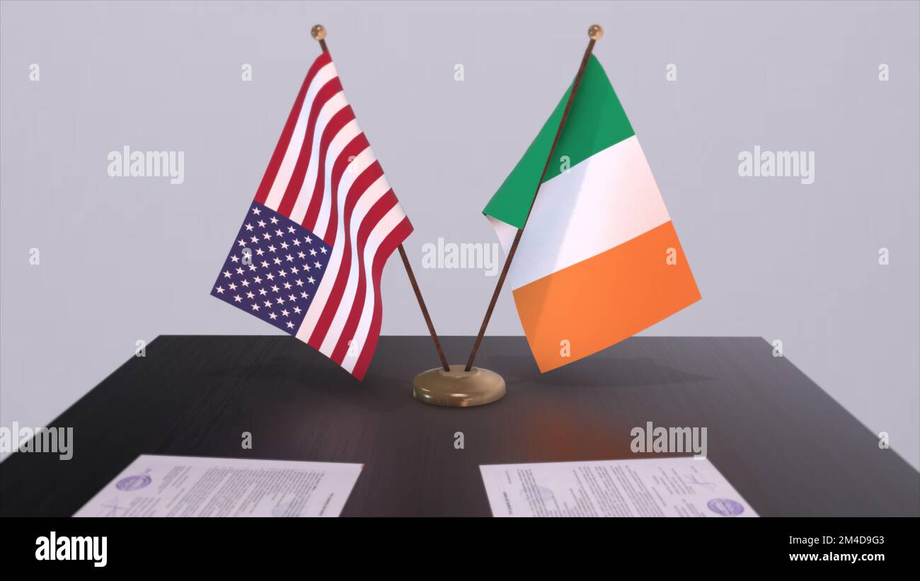 Ireland and USA at negotiating table. Business and politics 3D ...