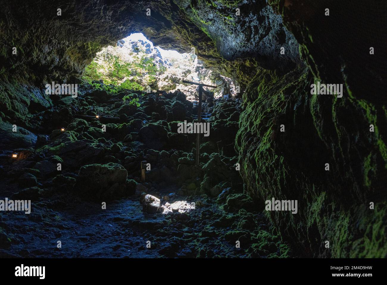 Entrance of a volcanic cave in the Volcanic Caves Park at the foot of ...