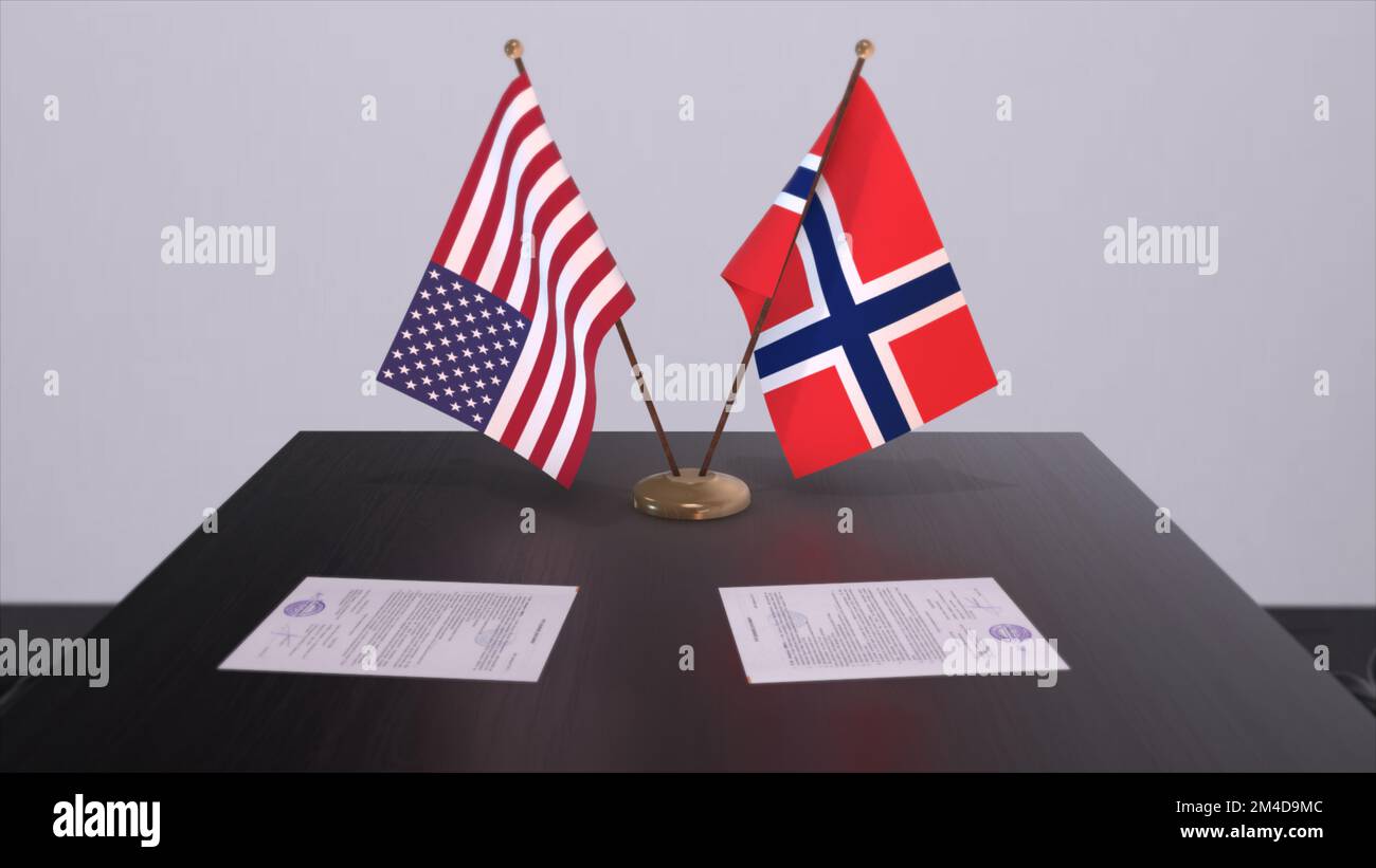 Norway and USA at negotiating table. Business and politics 3D ...