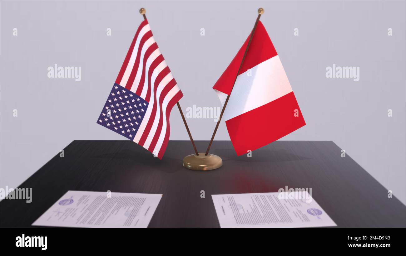 Peru and USA at negotiating table. Business and politics 3D ...