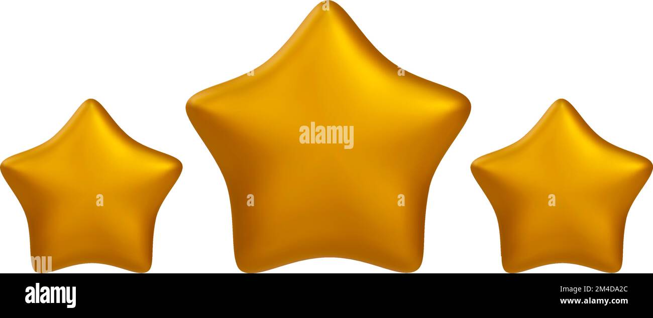 Three yellow gold glitter stars. Achievements for games. Customer rating feedback. Realistic 3d ...