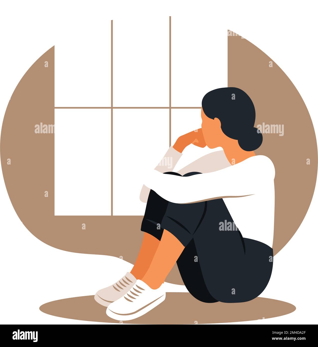 Woman in depression with bewildered thoughts in her mind. Young sad ...