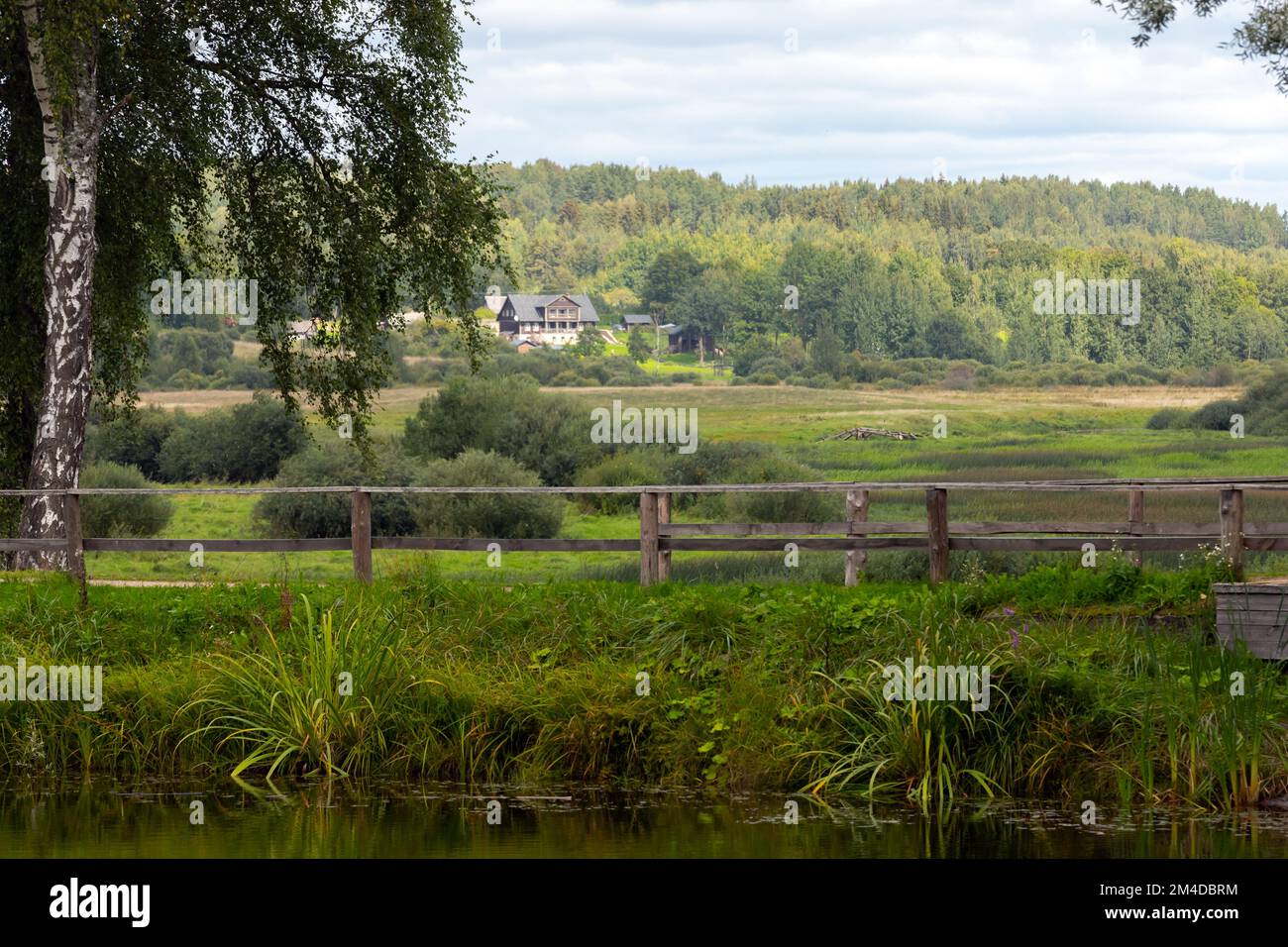 Rural Russian landscape with an old wooden fence and trees on the lake ...