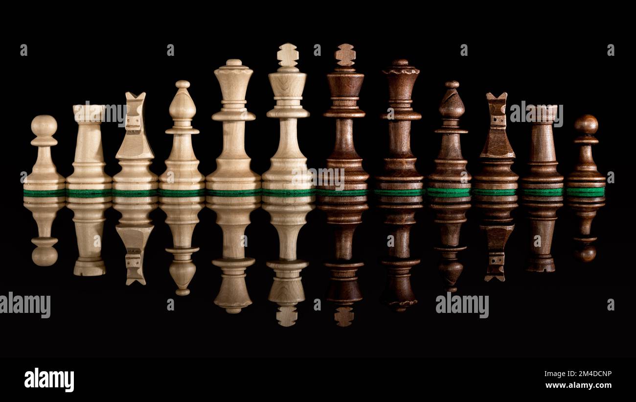 Line of wooden chess pieces isolated at background with transparent ...