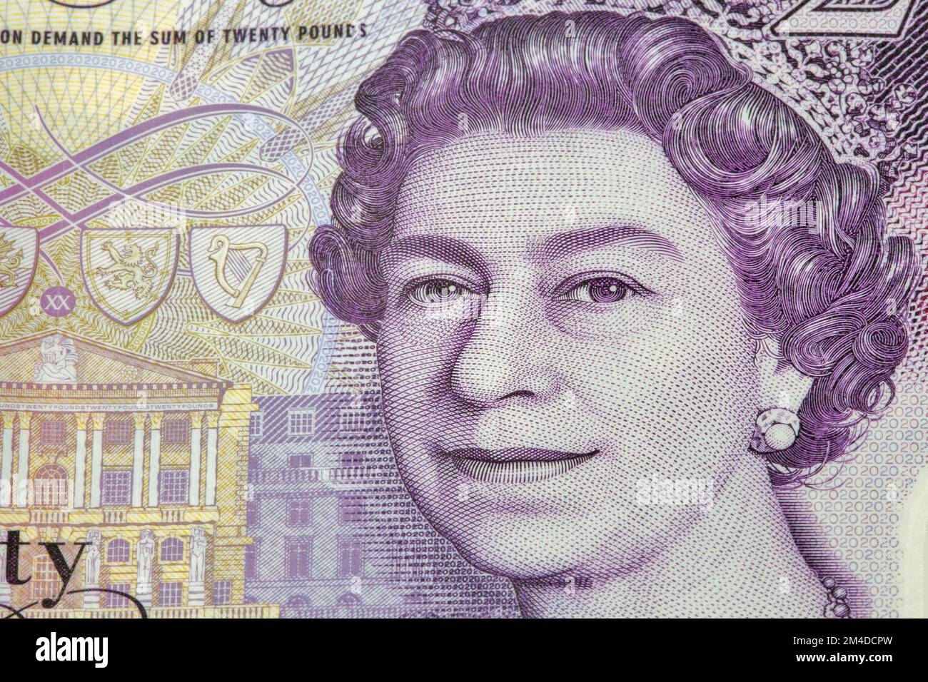 British twenty pounds sterling banknotes closeup. Portrait of Queen ...