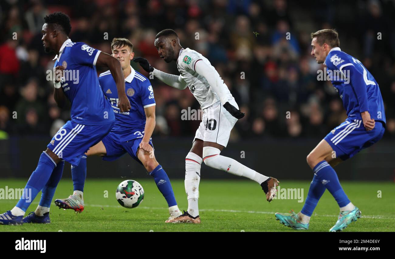 MK Dons' Mohamed Eisa has a shot at goal during the Carabao Cup fourth ...