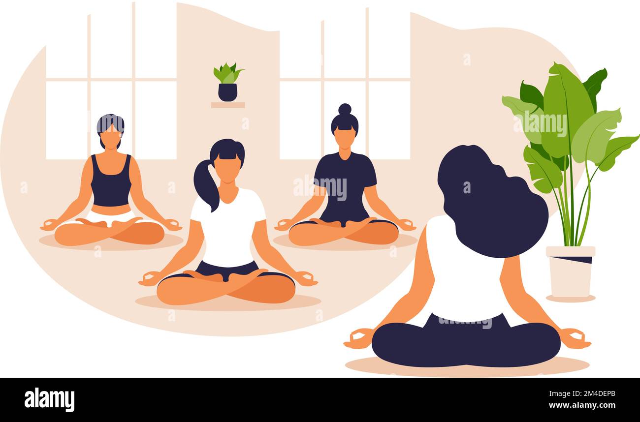 Yoga group. Position balance and stretching. People sitting together in ...