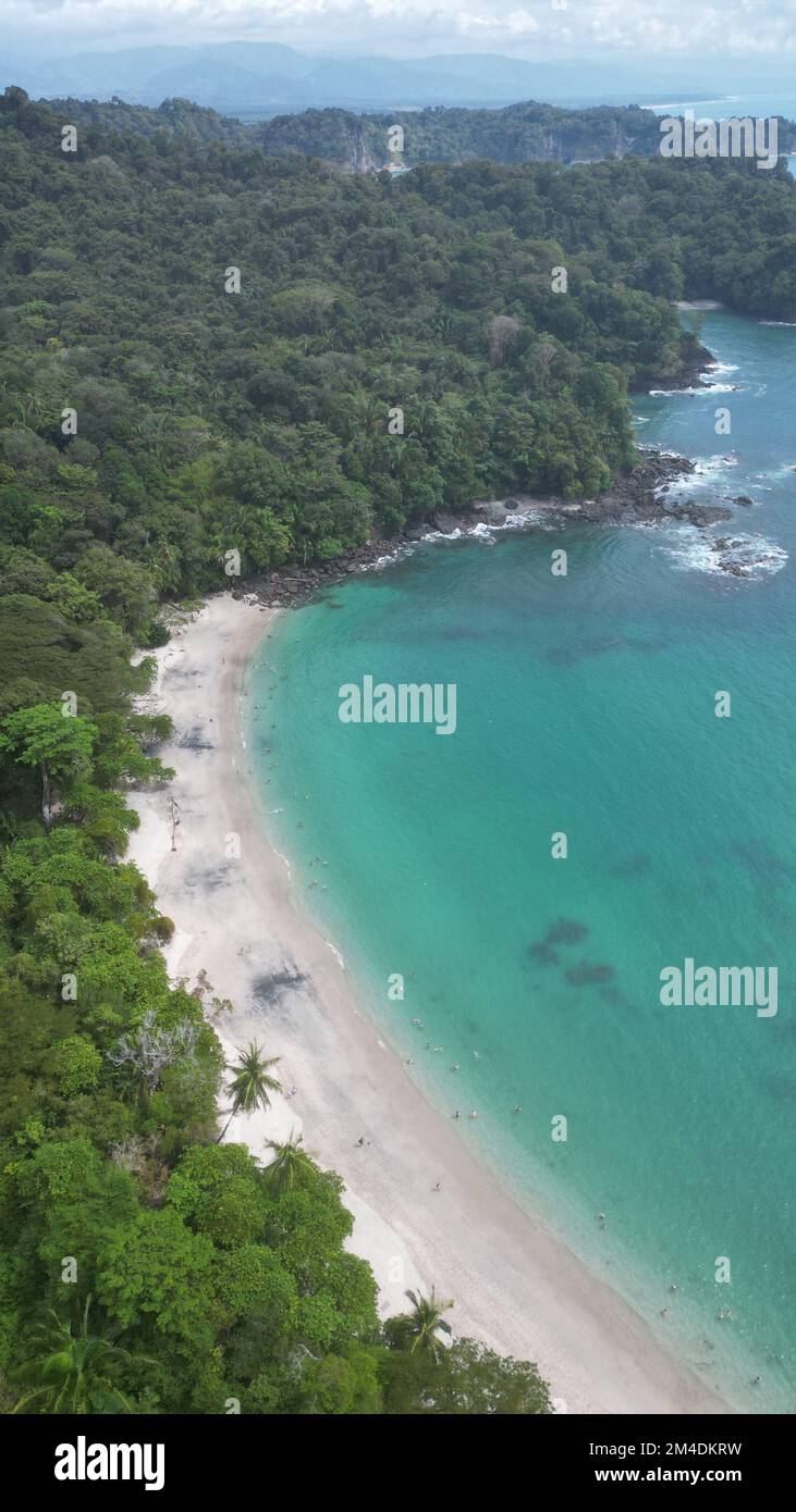 A drone vertical shot of a rocky coast covered with greenery under blue ...
