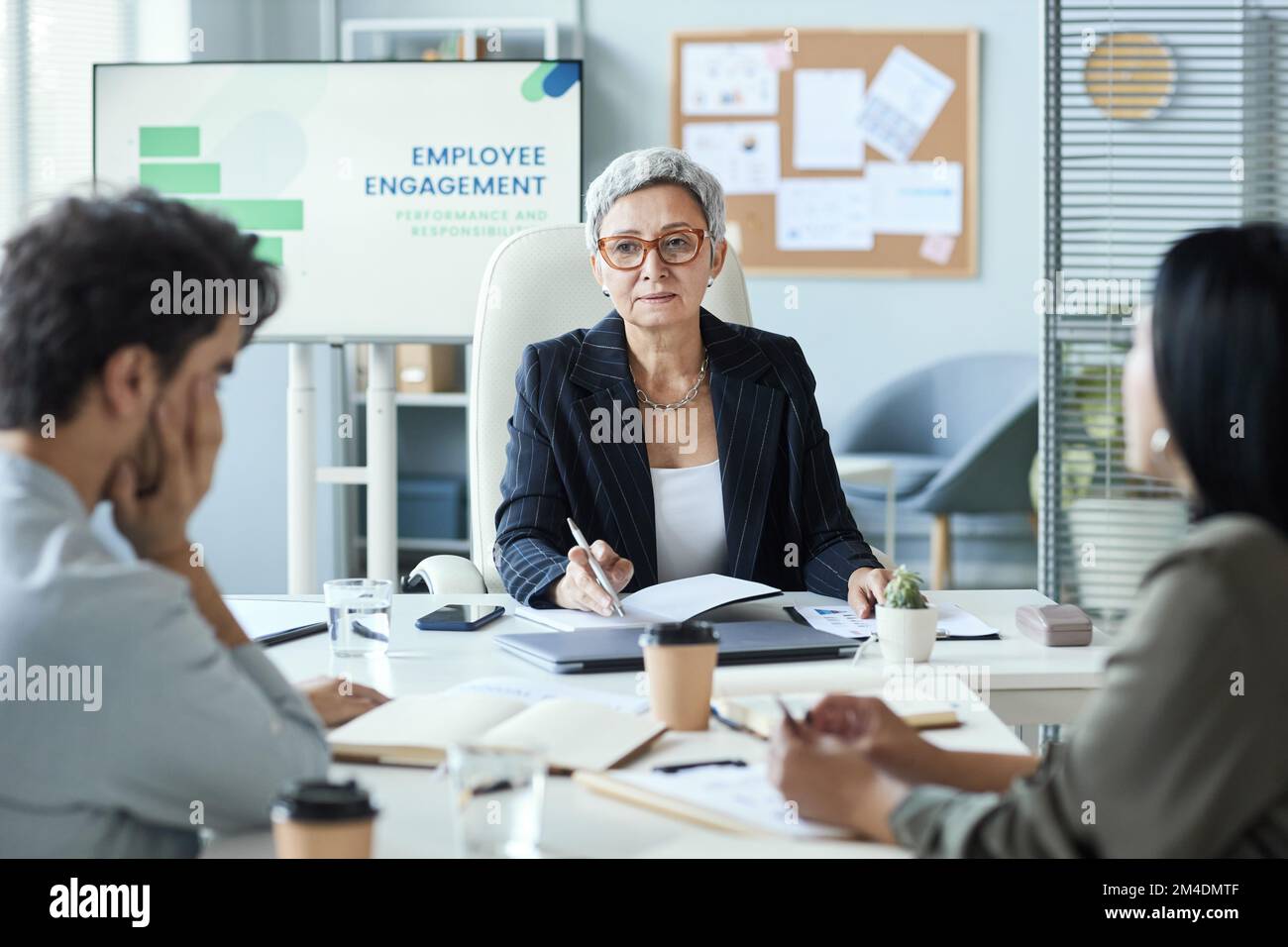 Portrait of senior businesswoman sitting at head of table during ...
