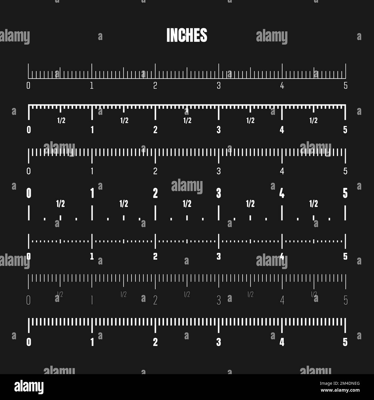 Realistic white inch scale for measuring length or height. Various ...