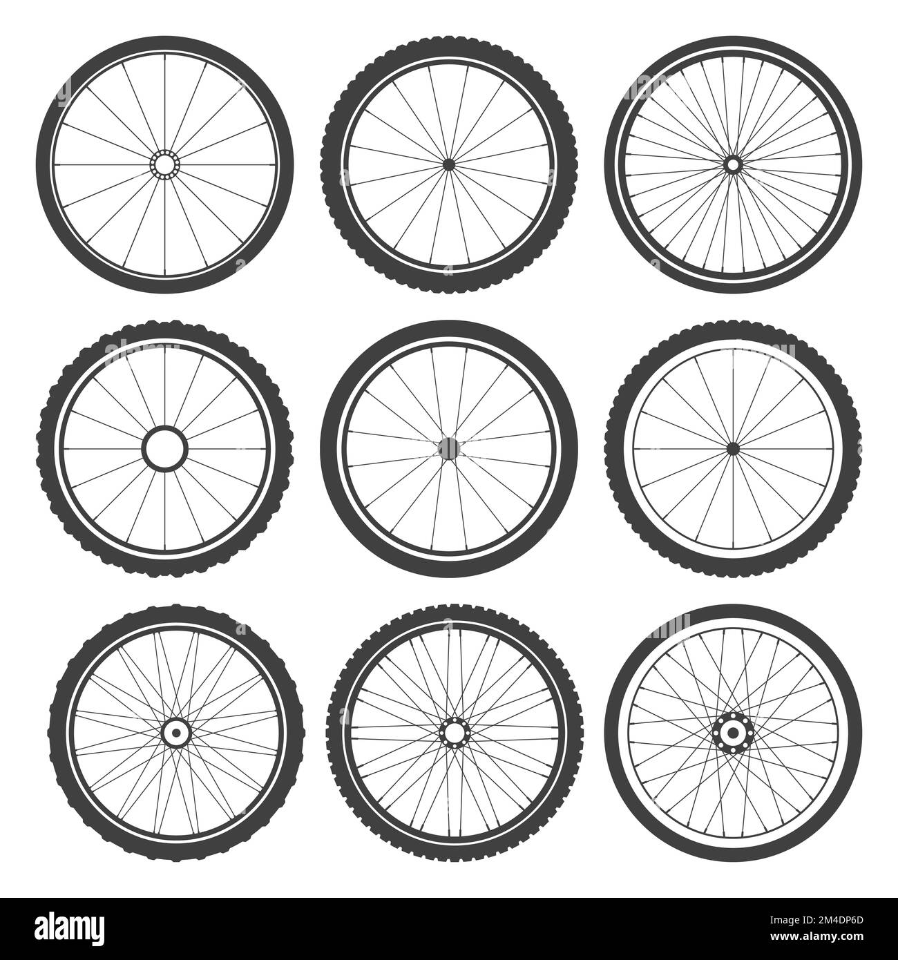 Black bicycle wheel symbols collection. Bike rubber tyre silhouettes ...