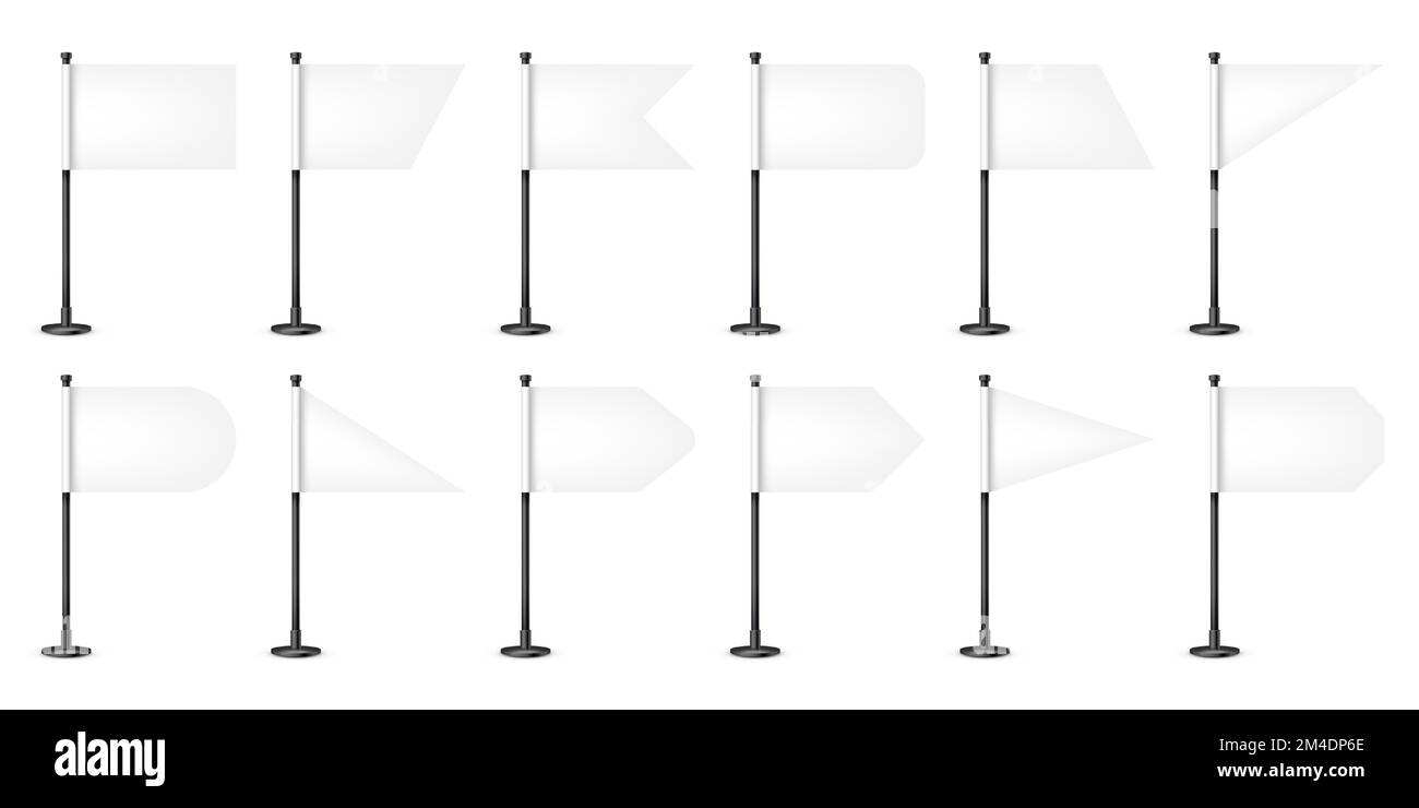 Realistic various table flags on a steel pole. Blank white desk flag ...