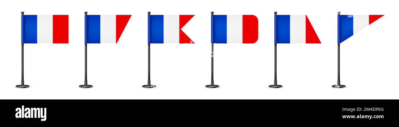 Realistic various French table flags on a black steel pole. Souvenir ...