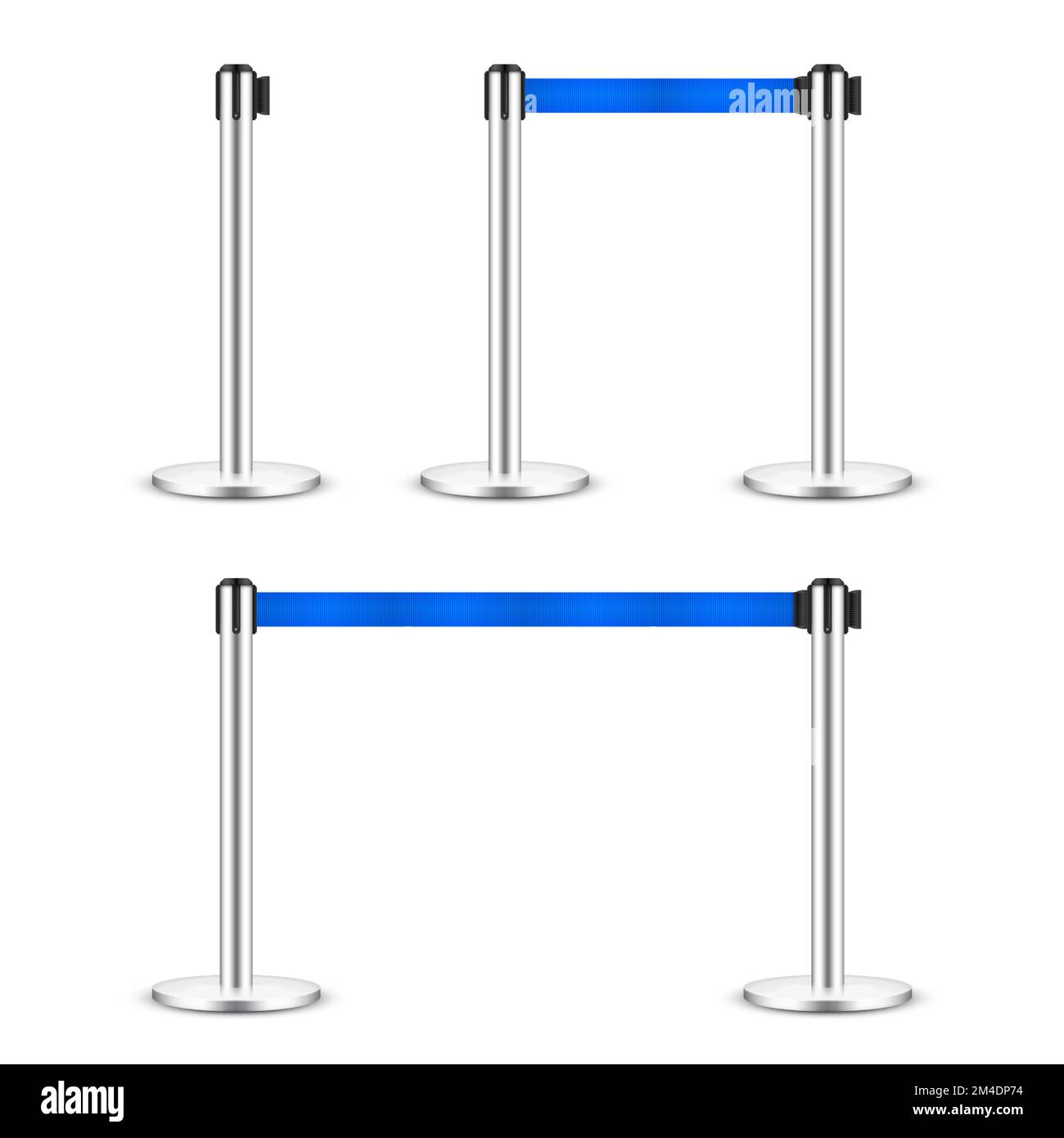 Realistic blue retractable belt stanchion. Crowd control barrier posts ...