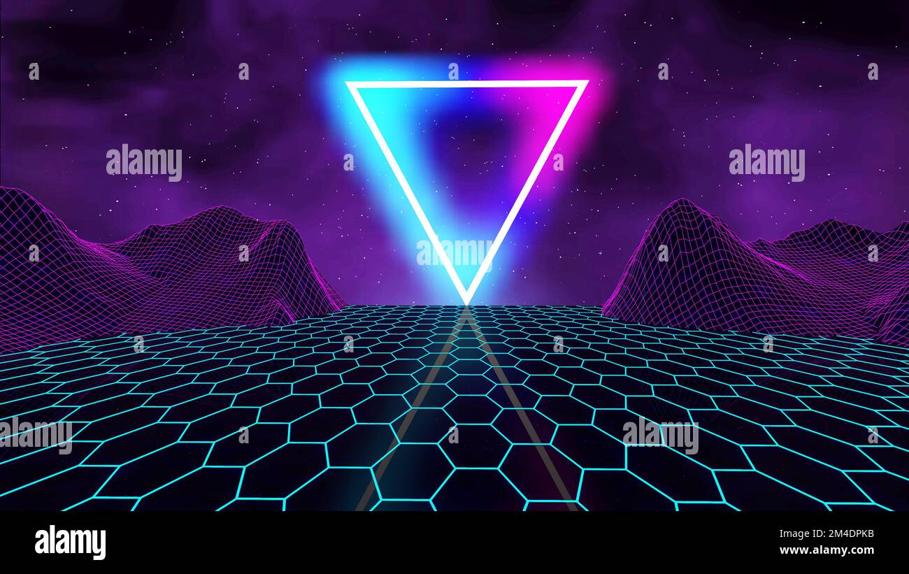 Neon triangle synthwave digital wireframe landscape. Retro futuristic ...