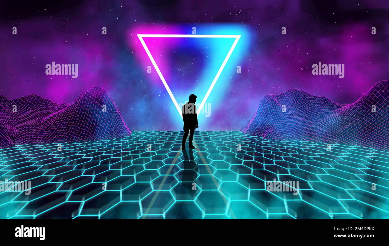 Retro futuristic background for game with man silhouette. Neon triangle ...