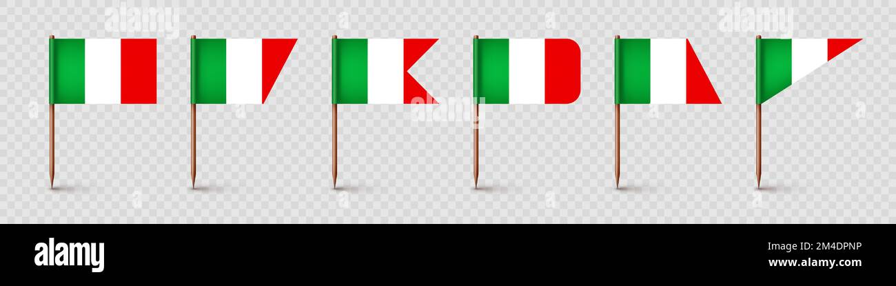 Realistic various Italian toothpick flags. Souvenir from Italy. Wooden ...