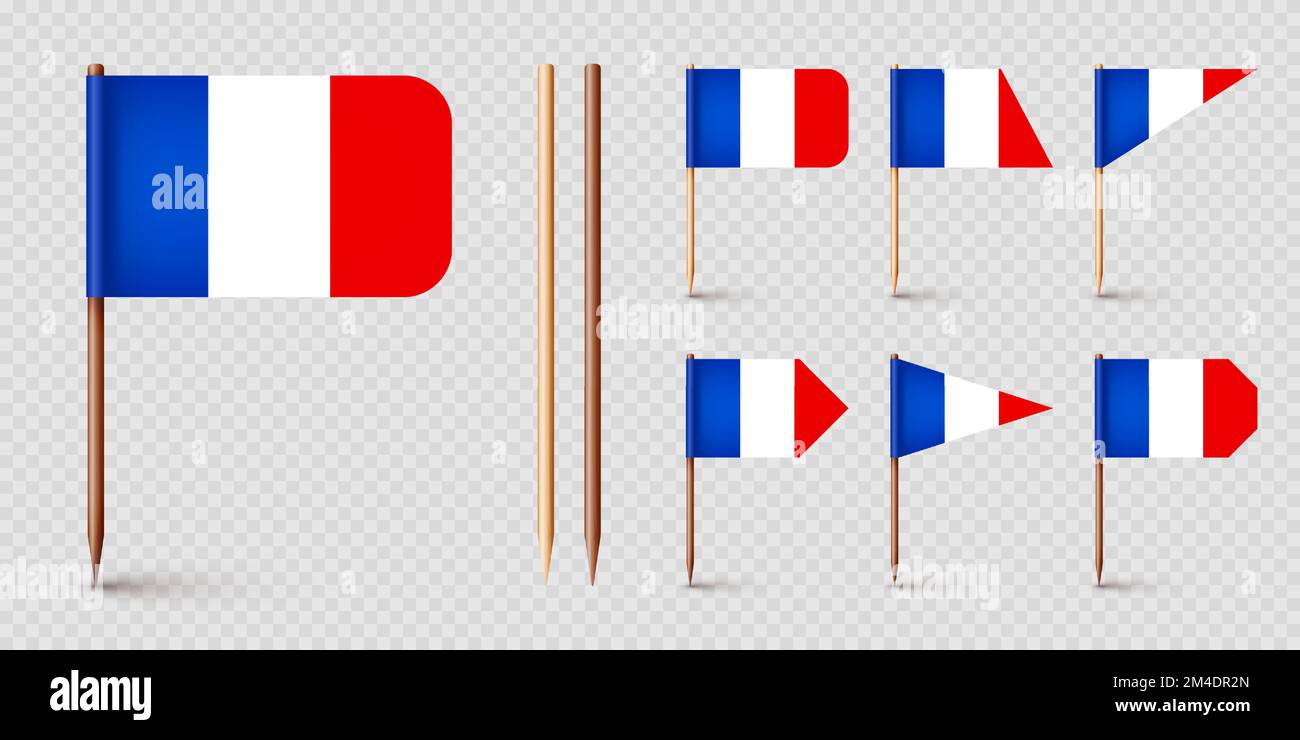Realistic various French toothpick flags. Souvenir from France. Wooden ...