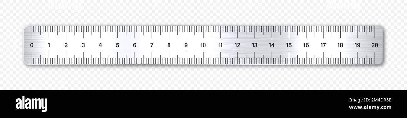 Realistic brushed metal ruler with measurement scale and divisions ...