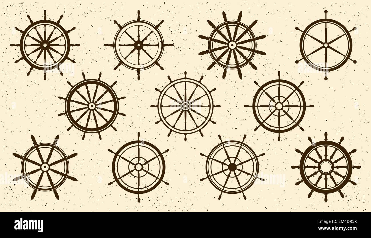Collection of grunge vintage steering wheels. Ship, yacht retro wheel ...