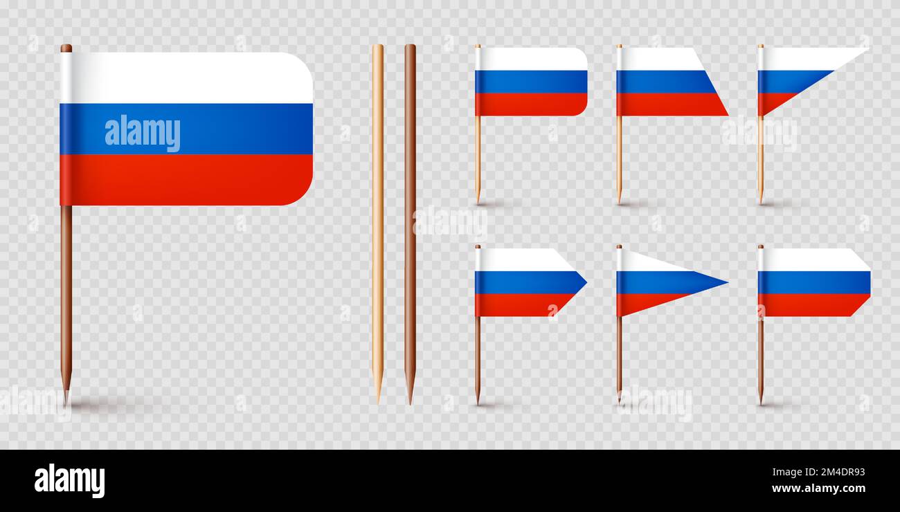Realistic various Russian toothpick flags. Souvenir from Russia. Wooden toothpicks with paper ...