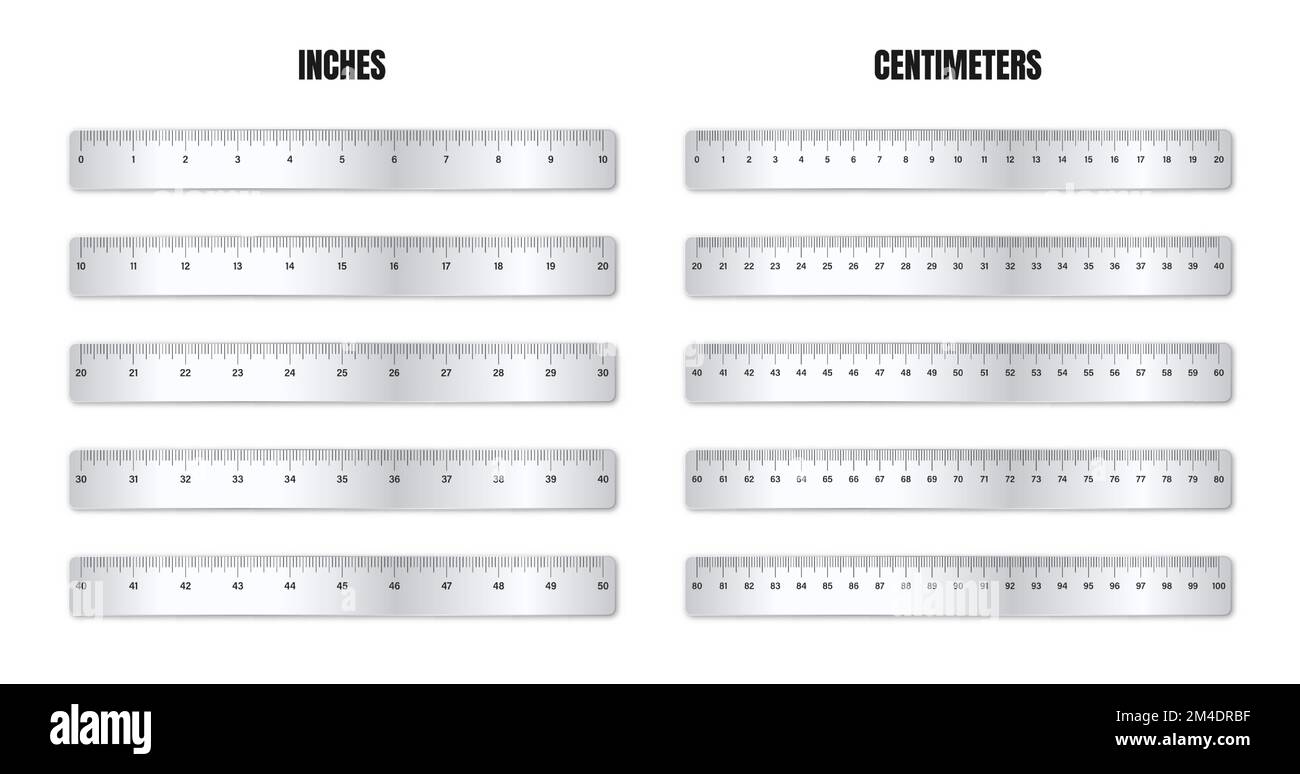 Realistic various shiny metal rulers with measurement scale and ...