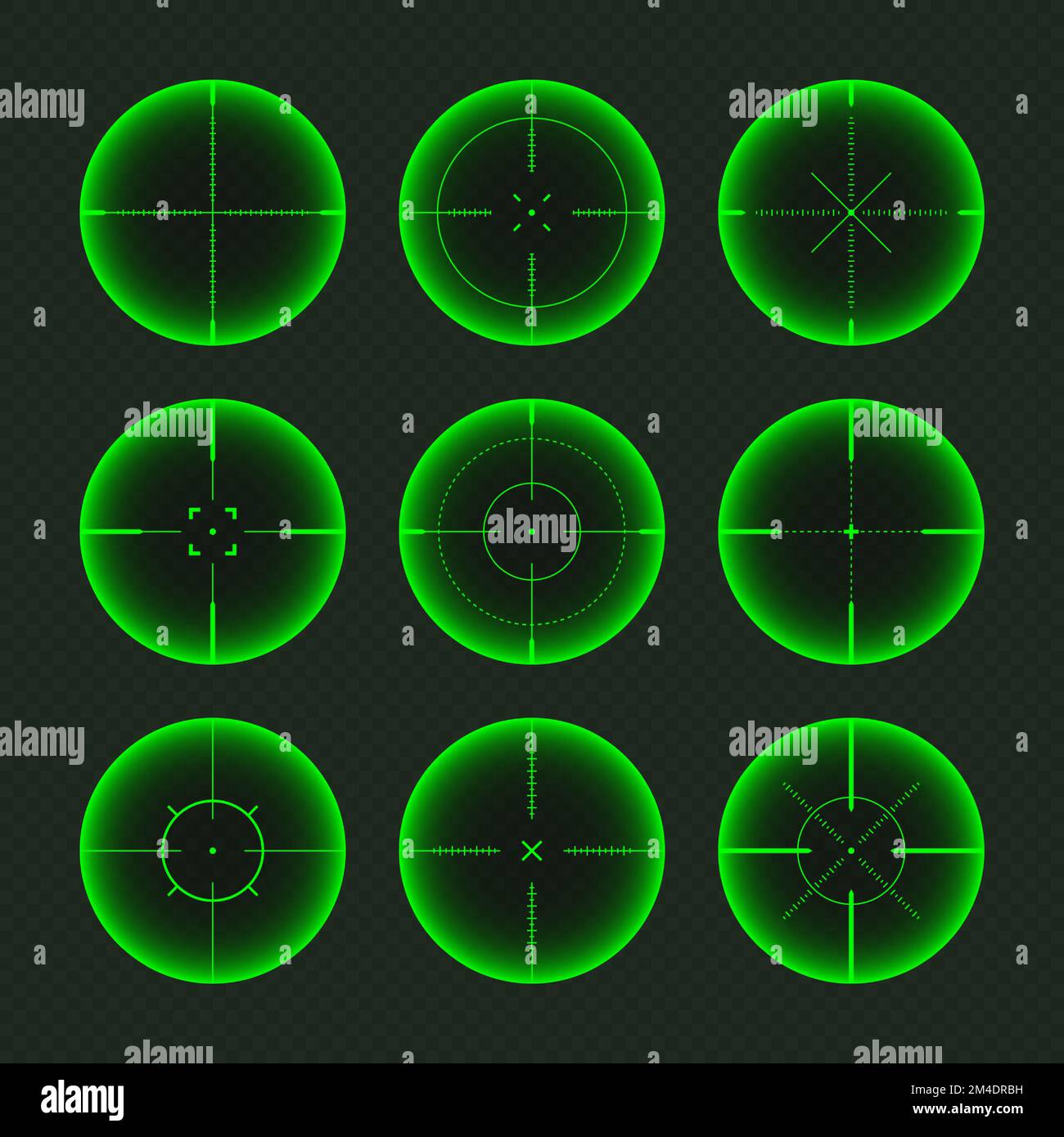 Various weapon night sights, sniper rifle optical scopes. Hunting gun ...