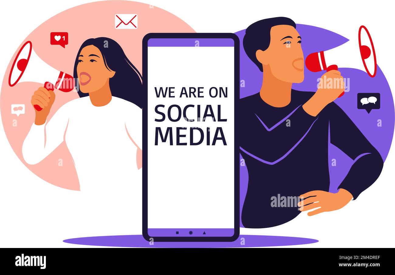 Woman and man with megaphone on screen mobile phone and young people ...