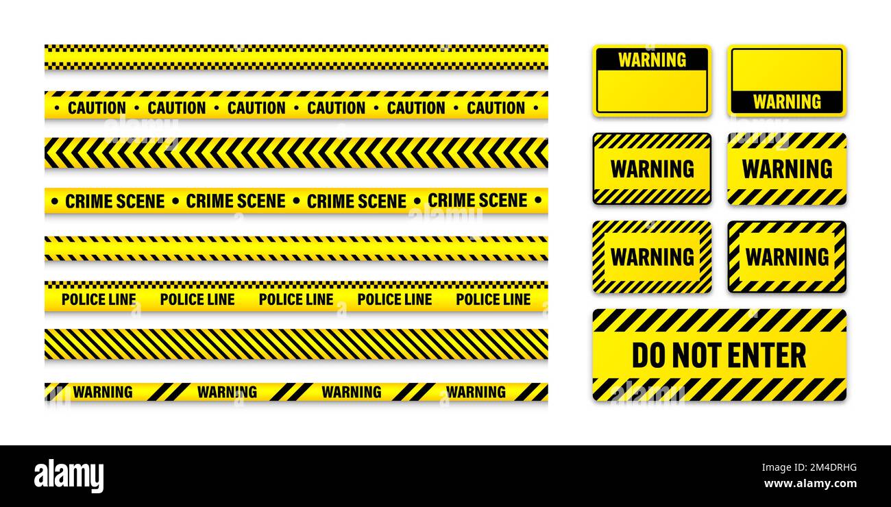 Various barricade construction tapes and warning shields. Yellow police ...