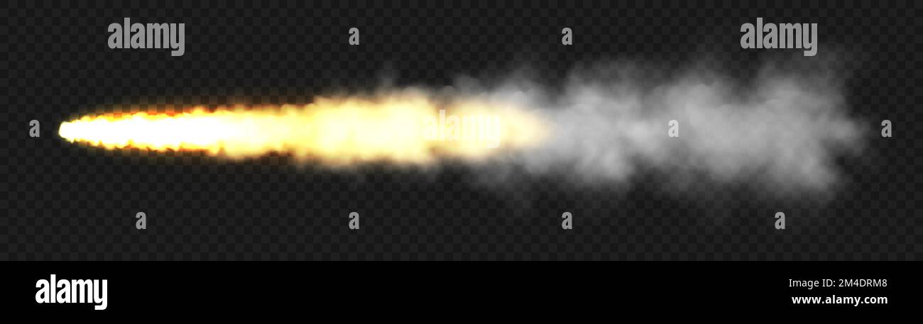 Realistic white smoke with fire, space rocket launch trail. Fire burst ...