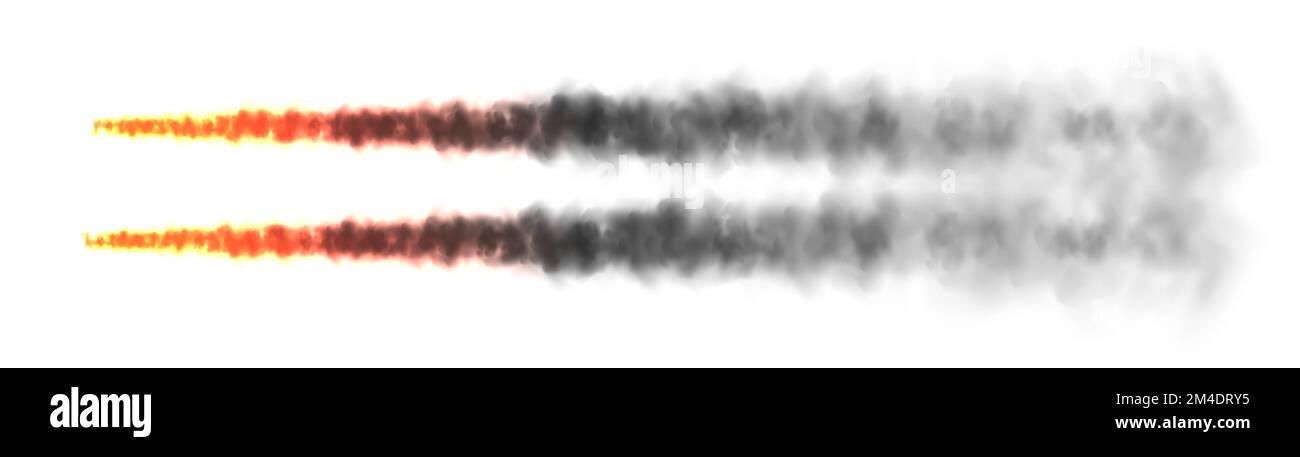 Realistic black smoke with fire, space rocket launch trail. Fire burst ...