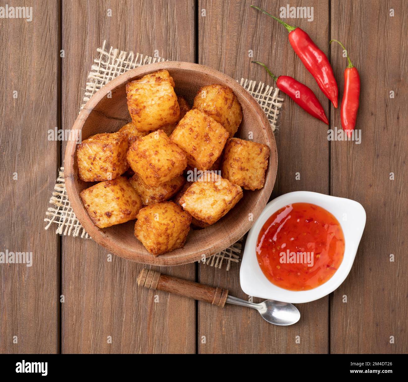 Tapioca dice, typical northeast brazilian food with chilli pepper syrup ...