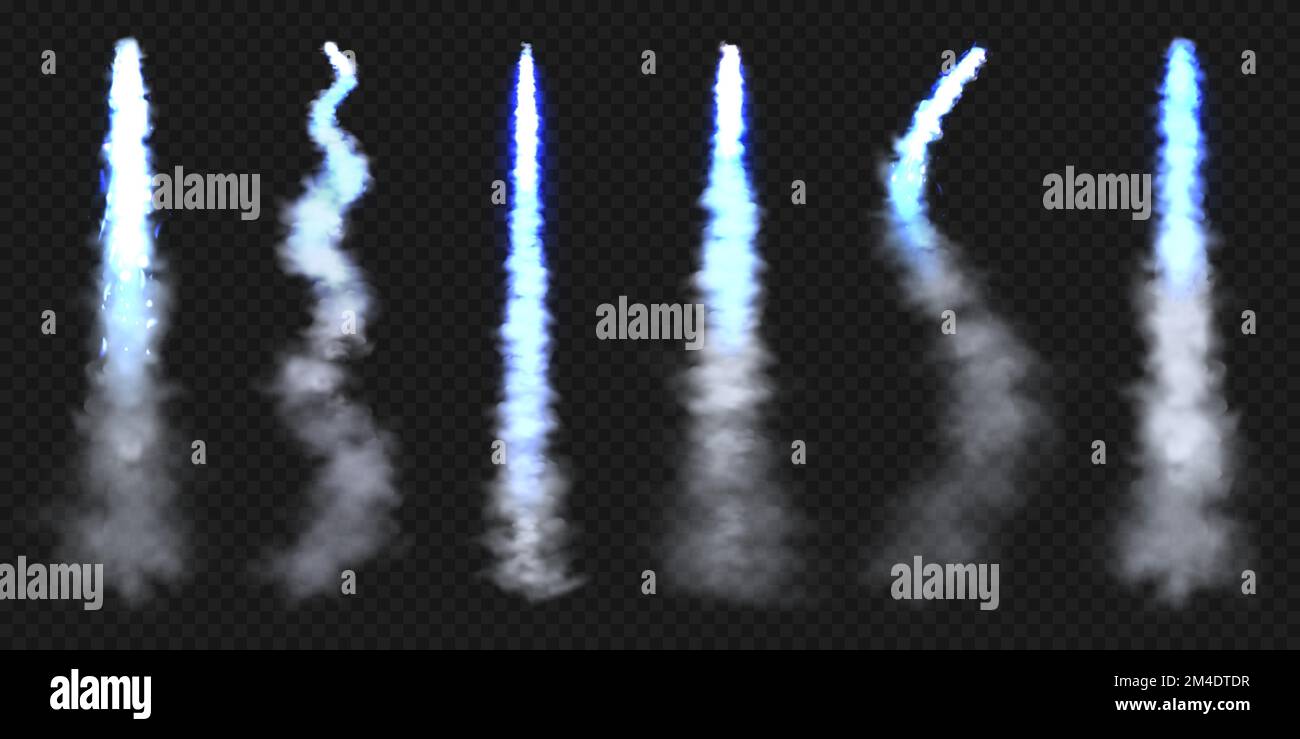 Realistic blue space rocket trails. Festive fireworks launch. Fire ...