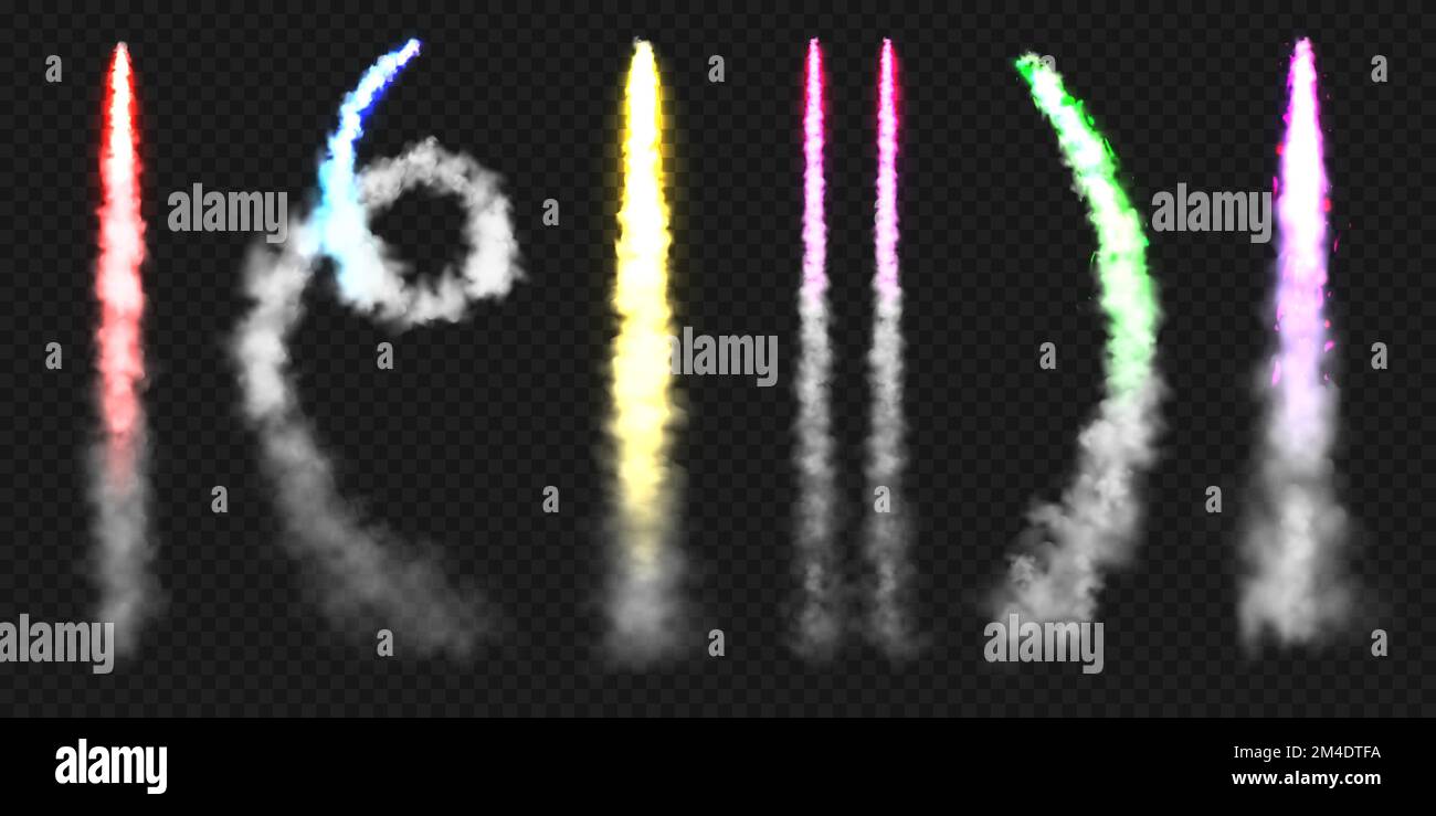 Realistic colorful space rocket trails. Festive fireworks launch. Fire ...