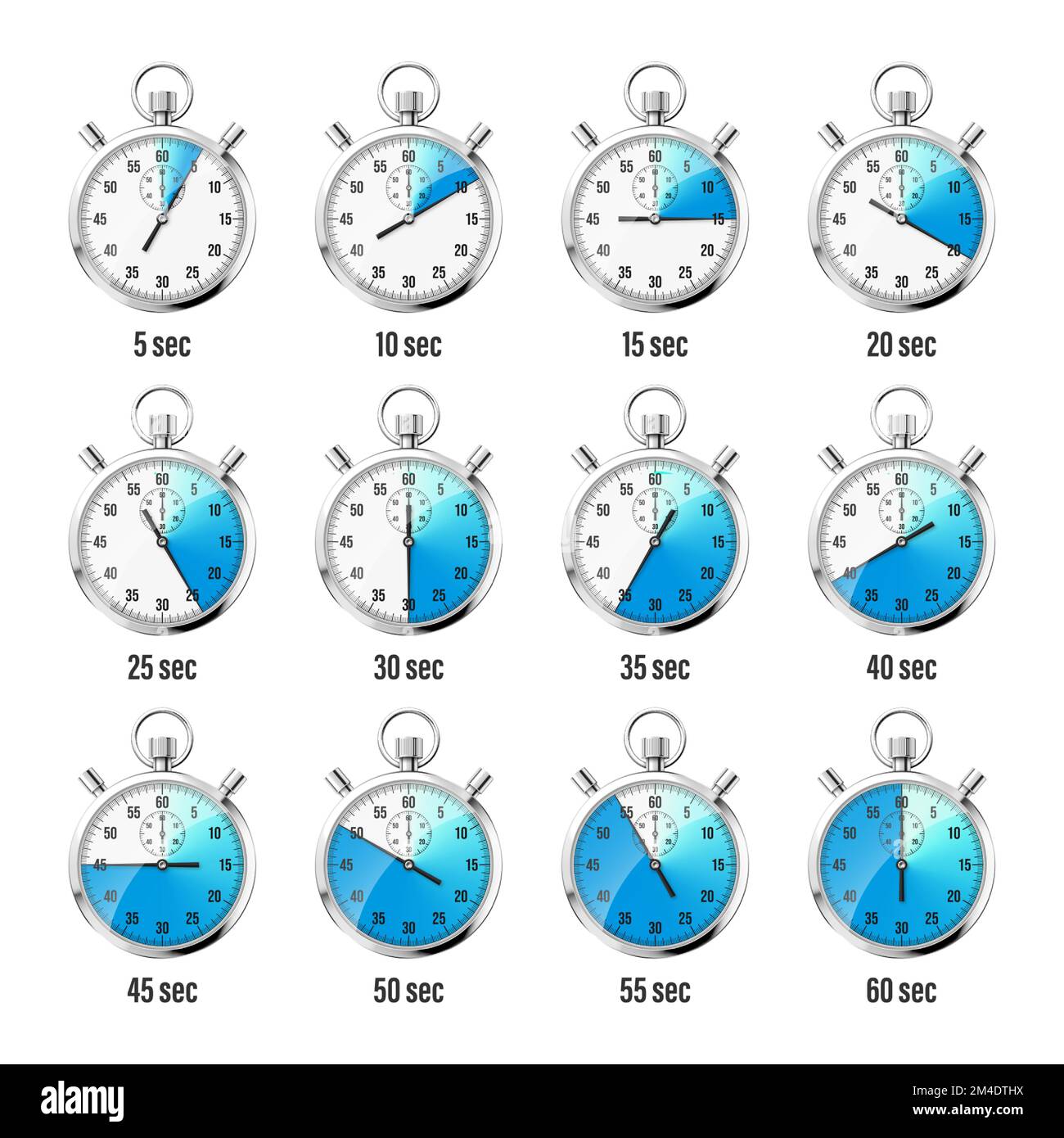 Realistic classic stopwatch icons. Shiny metal chronometer, time ...