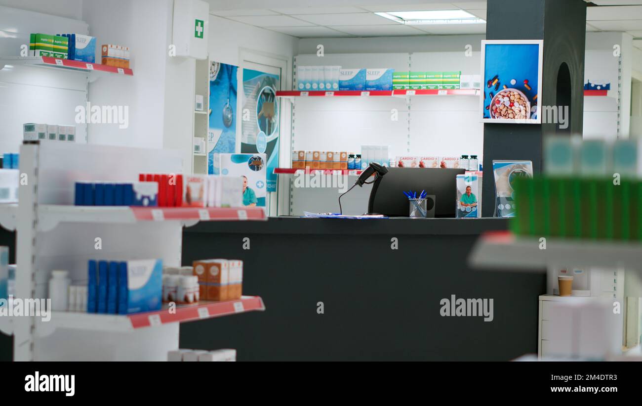 Healthcare drugstore with pharmaceutical products and medication on ...
