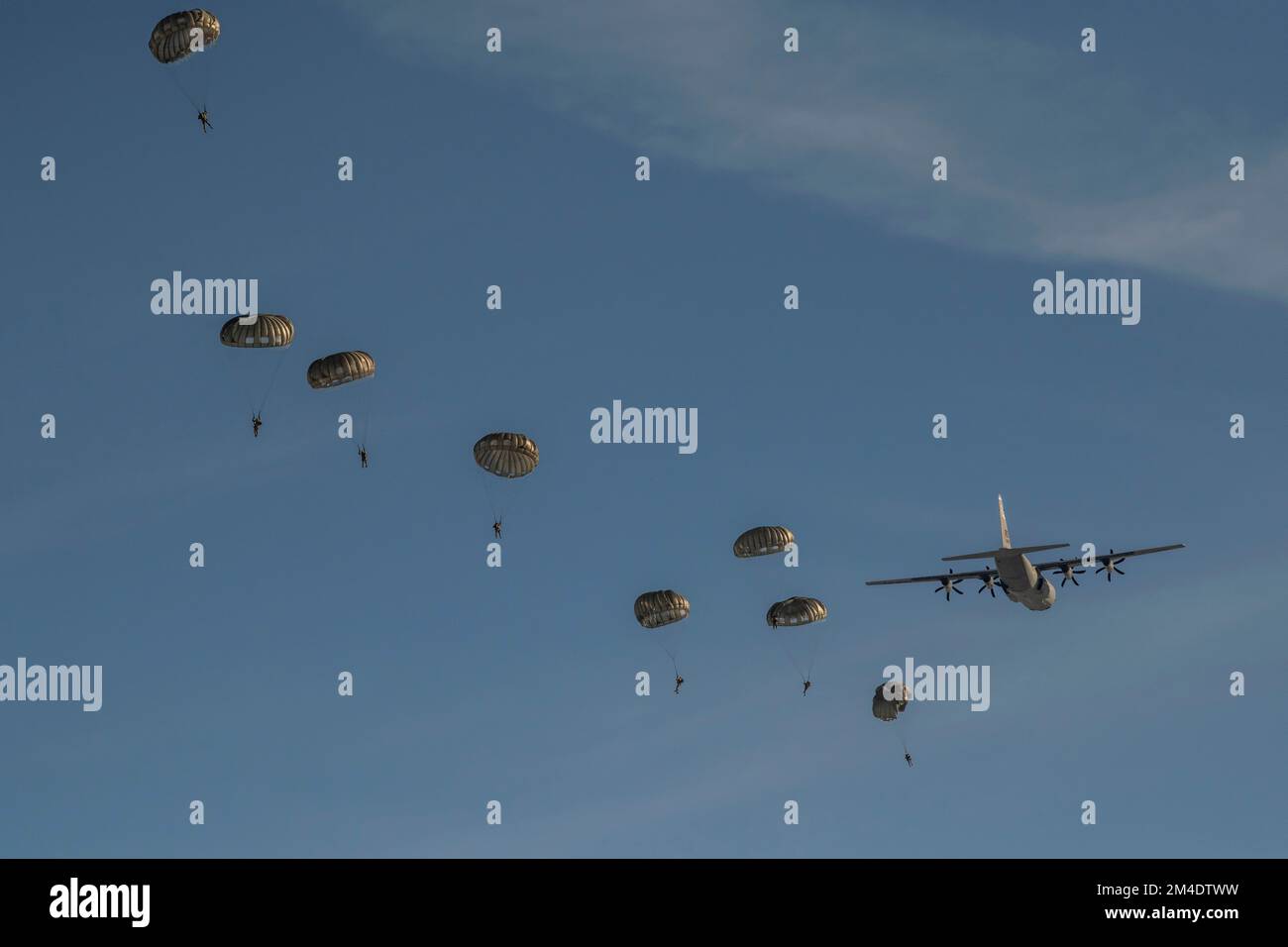 U.S. and foreign paratroopers jump off a C-130 Hercules from Ramstein ...