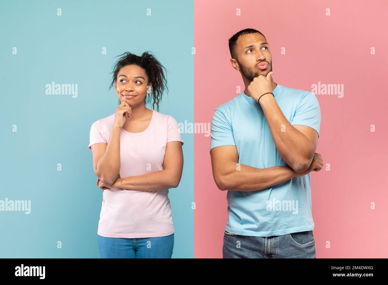 Portrait of thoughtful black man and woman thinking and looking away ...