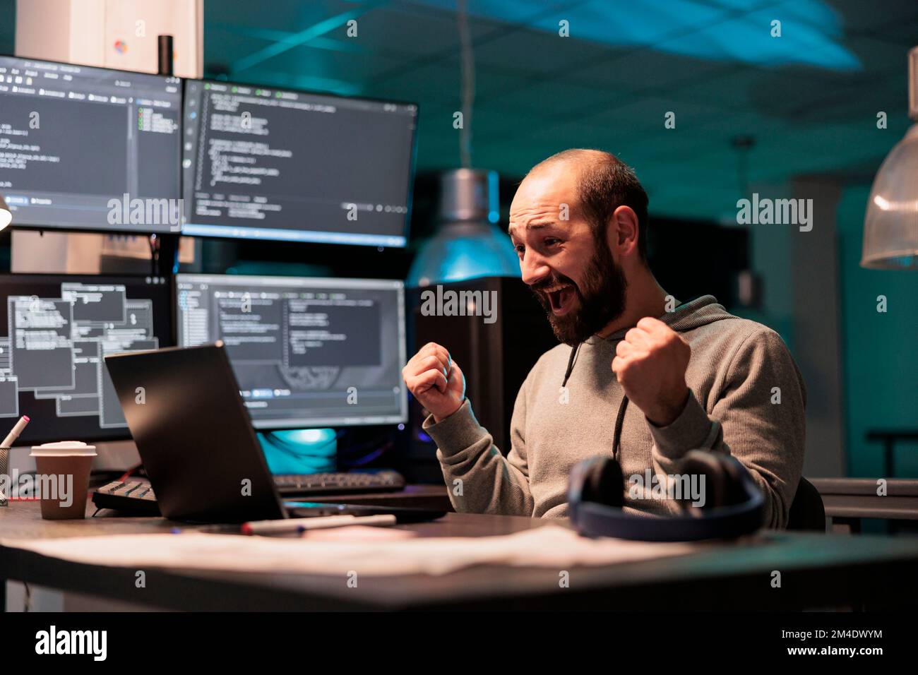 Happy software developer celebrating coding achievement, feeling ... Happy software developer celebrating coding achievement, feeling ...