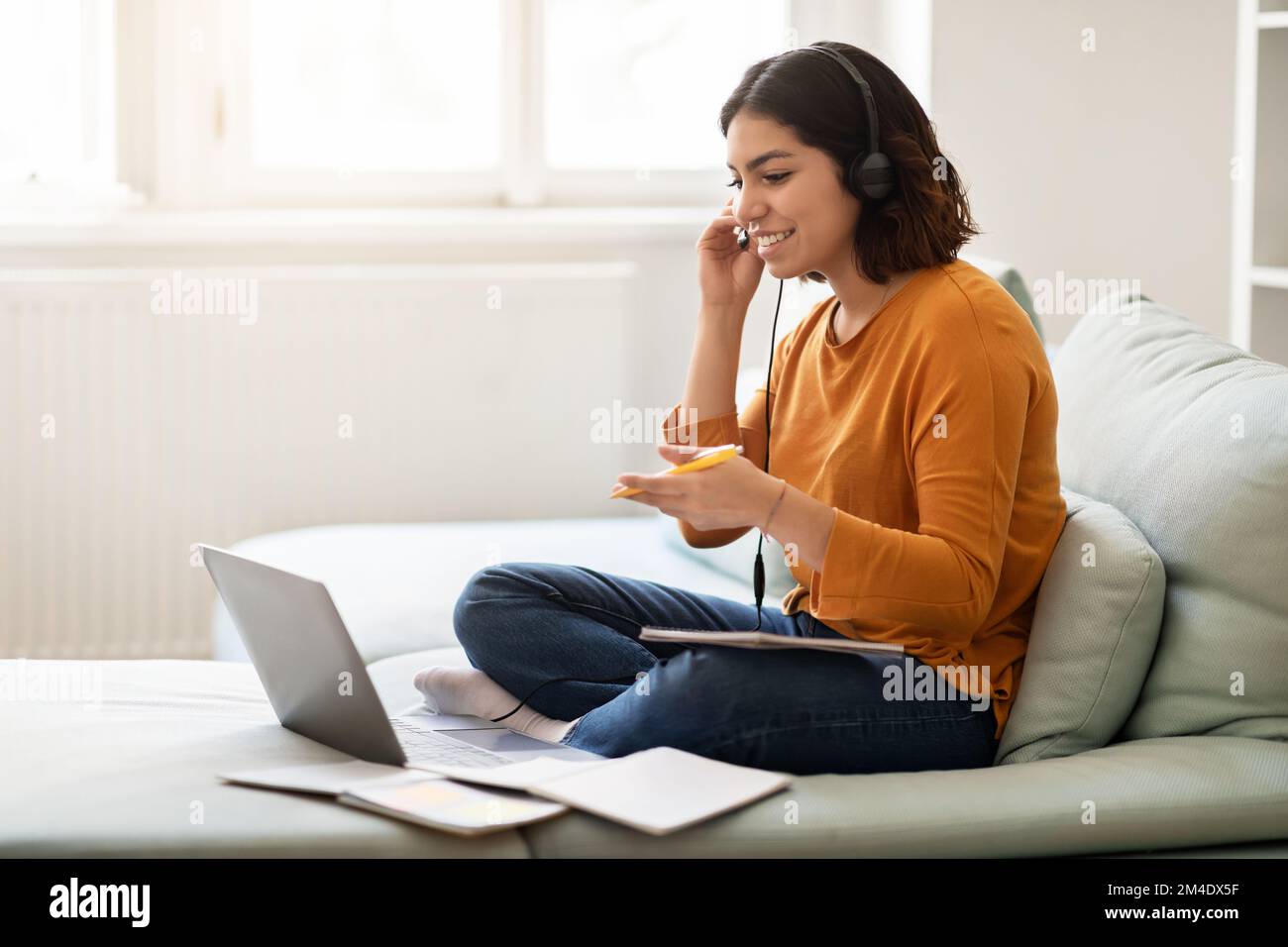 Online Tutoring. Middle Eastern Lady Making Video Call With Laptop At ...