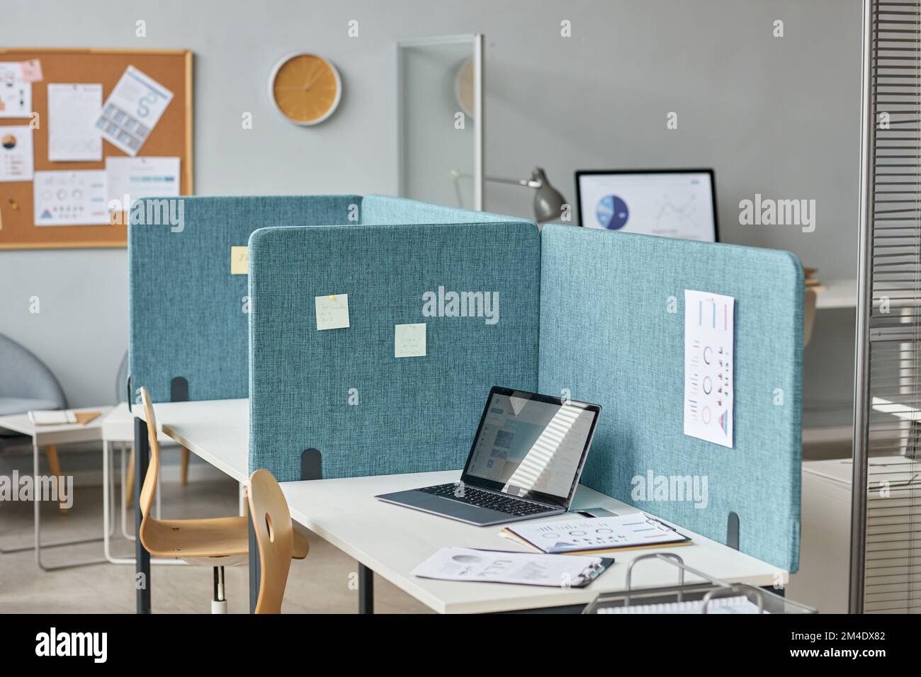 Background image of office interior with workplaces separated by partition walls, cubicles with ...