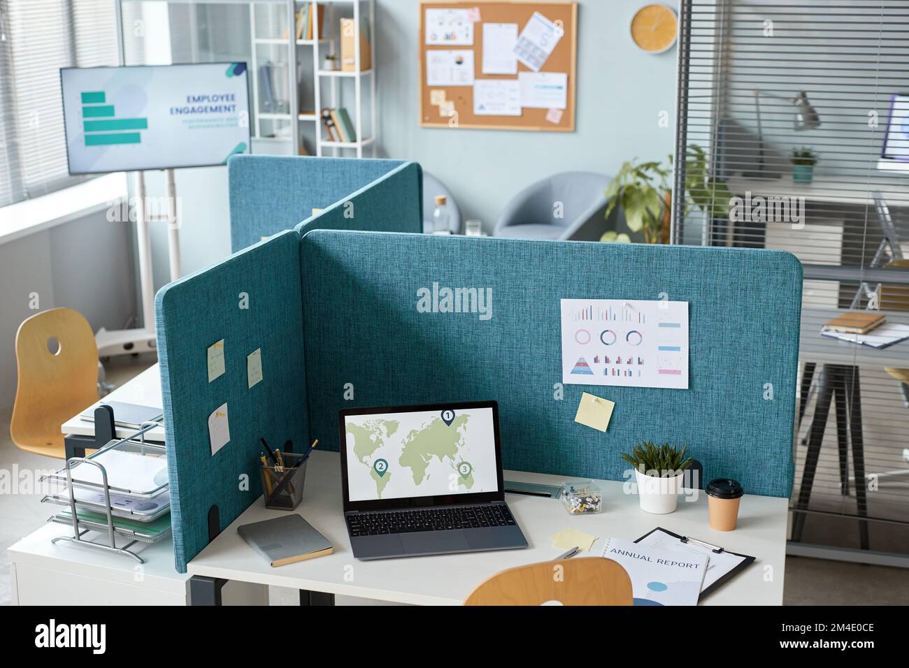 High angle view at office interior with workplaces separated by ...