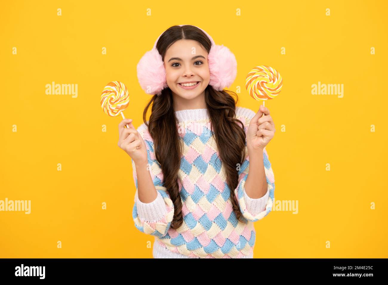 Teenage girl with candy lollipop, happy child 12, 13, 14 years old ...