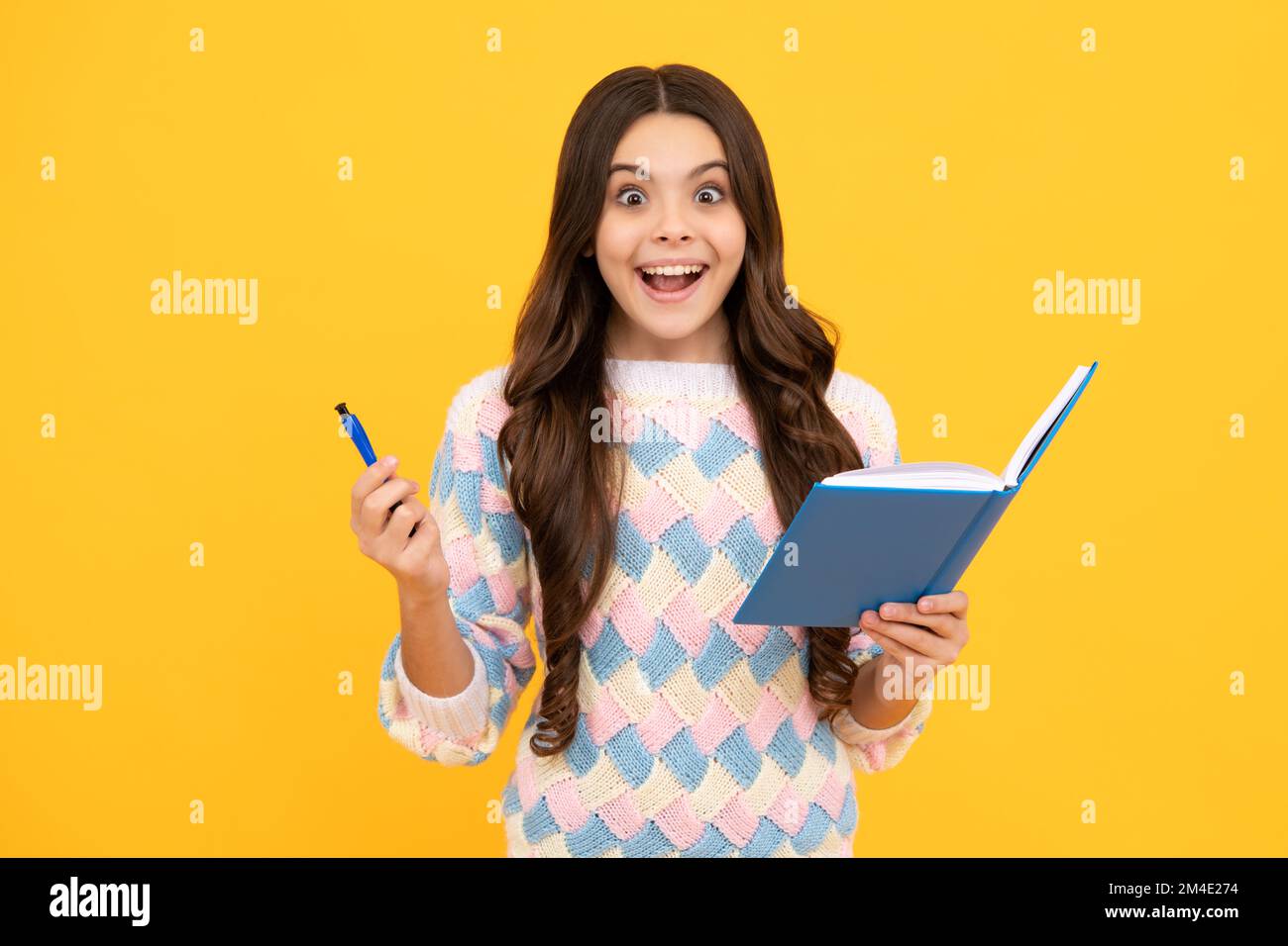 Excited face. Teenager school girl study with books. Learning knowledge ...